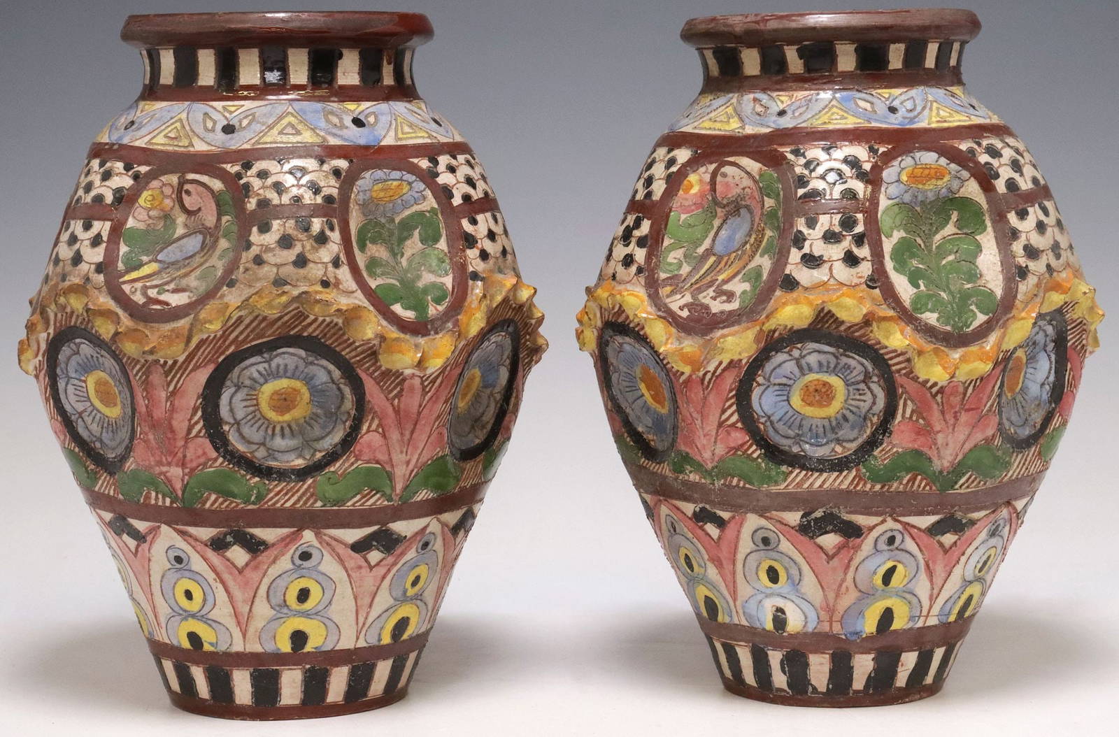 (2) Italian Sgraffito-decorated Majolica Dimpled Vases Auction