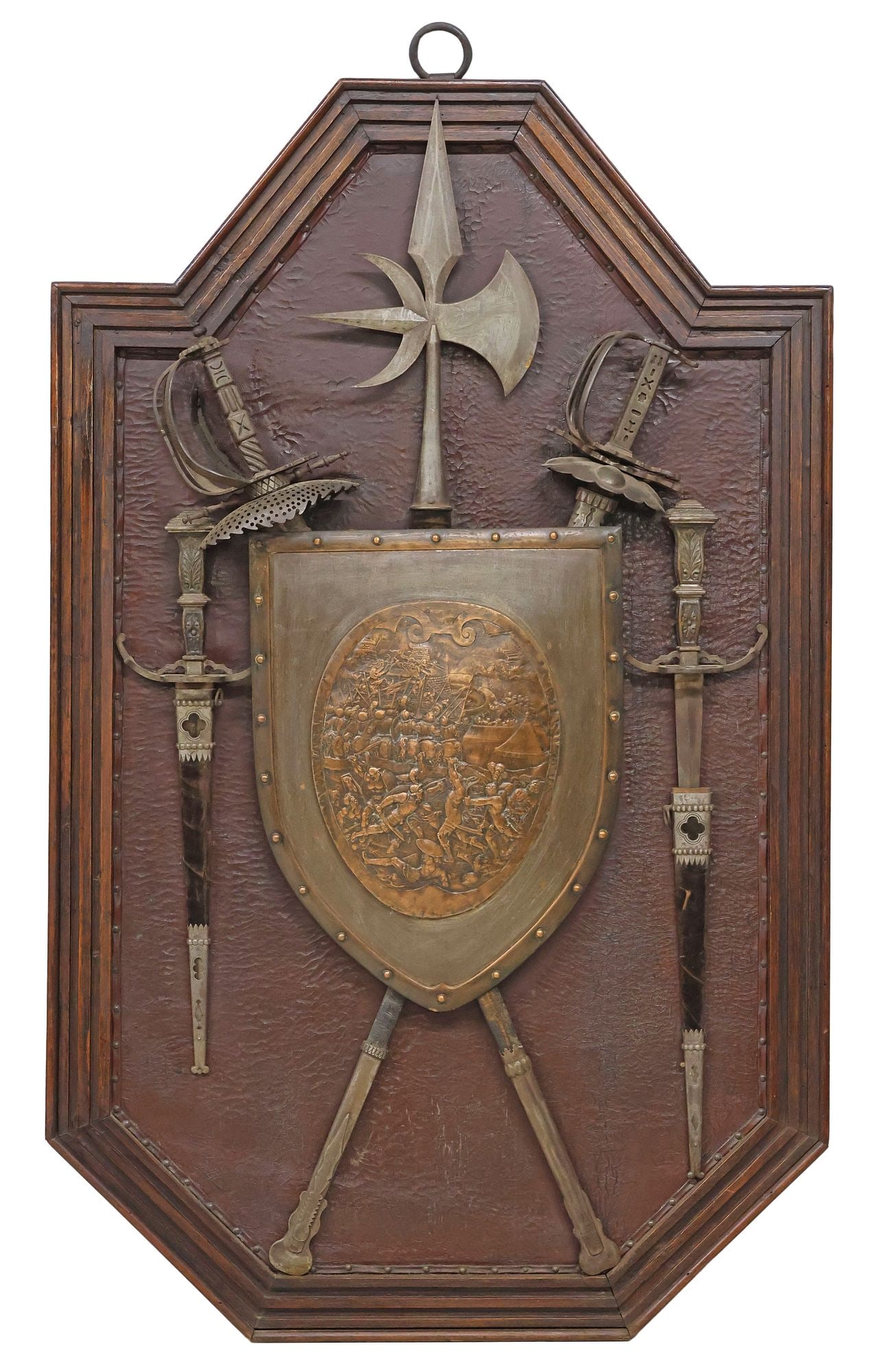 Leather-clad Weaponry Wall Trophy With Henri Ii Style Copper Shield ...