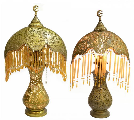 (2) Vintage Syrian Pierced Brass Table Lamps