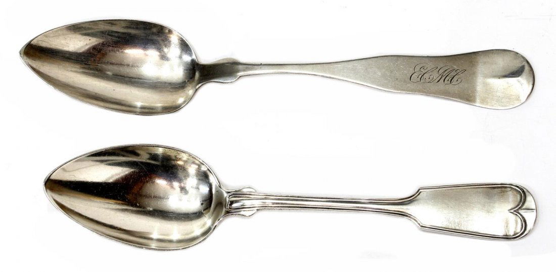 (2) ANTIQUE AMERICAN COIN SILVER FIDDLEBACK SPOONS