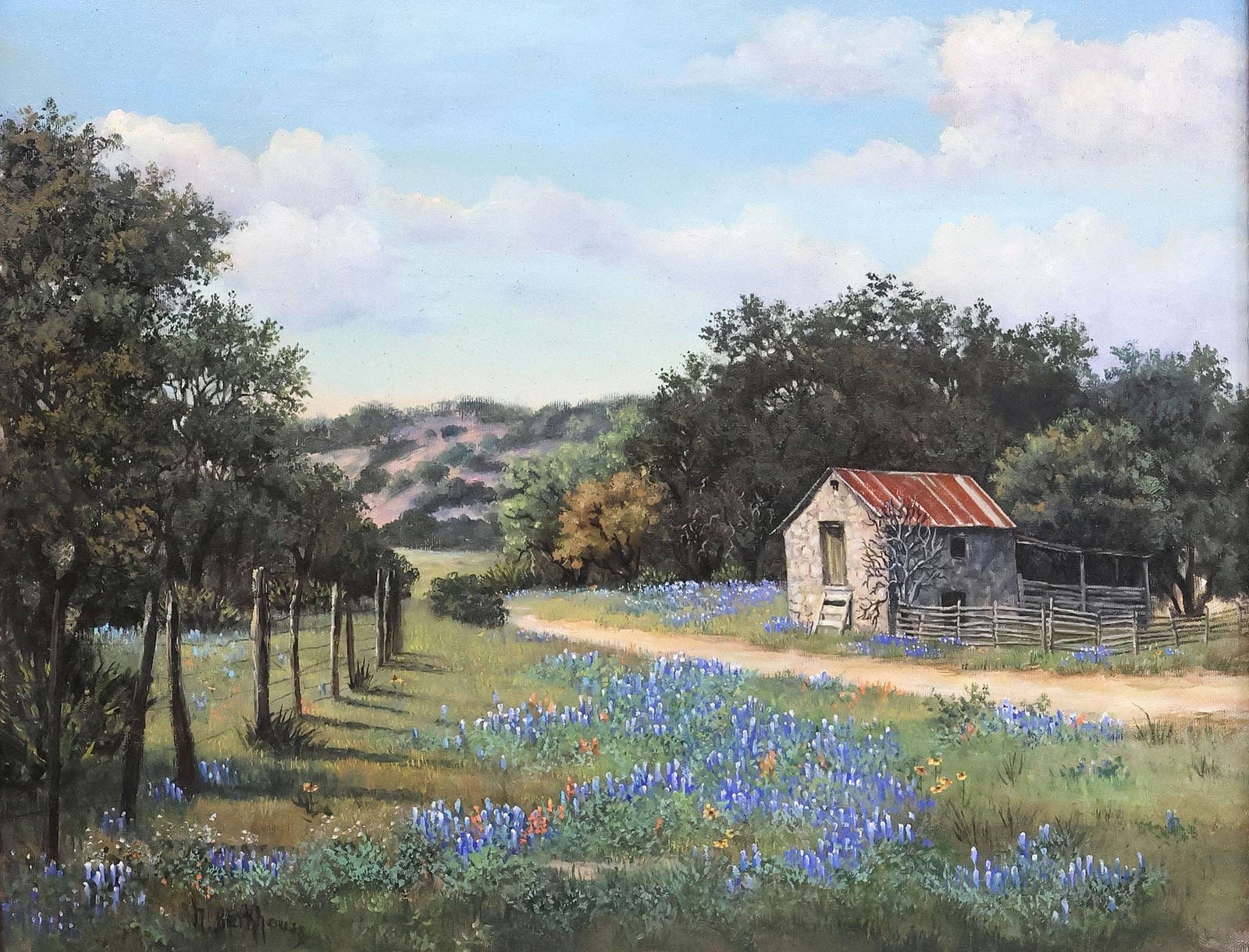 Nancy Berkhouse (texas, 20th C.) Painting, Barn & Bluebonnets Landscape ...