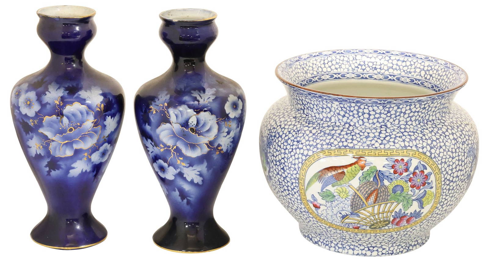 (3) English Porcelain Tableware, Flow Blue Vases & Adams 'chinese Bird ...