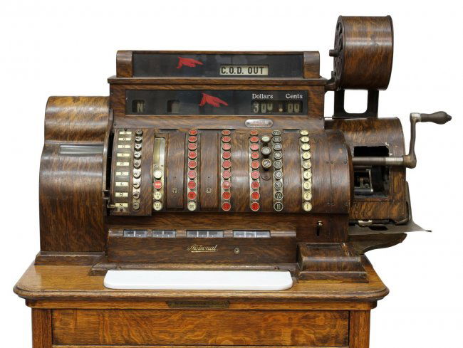 LARGE ANTIQUE NATIONAL CASH REGISTER ON OAK STAND : Lot 65