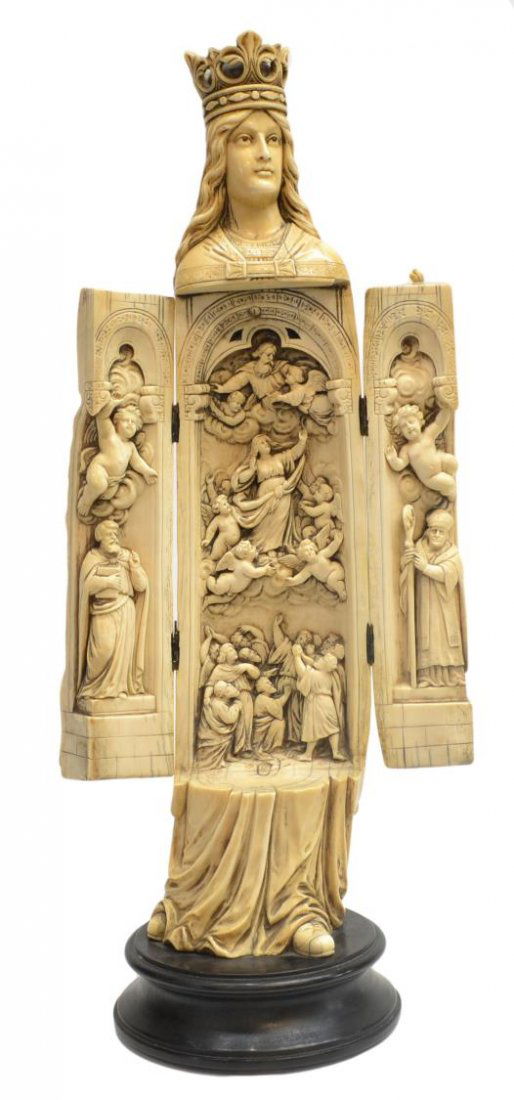 LARGE RELIGIOUS IVORY FIGURAL TRIPTYCH,VIRGIN MARY