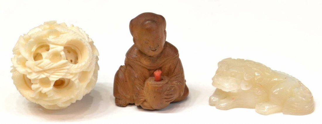 ASIAN CARVINGS, JAPANESE BOXWOOD RED CORAL NETSUKE