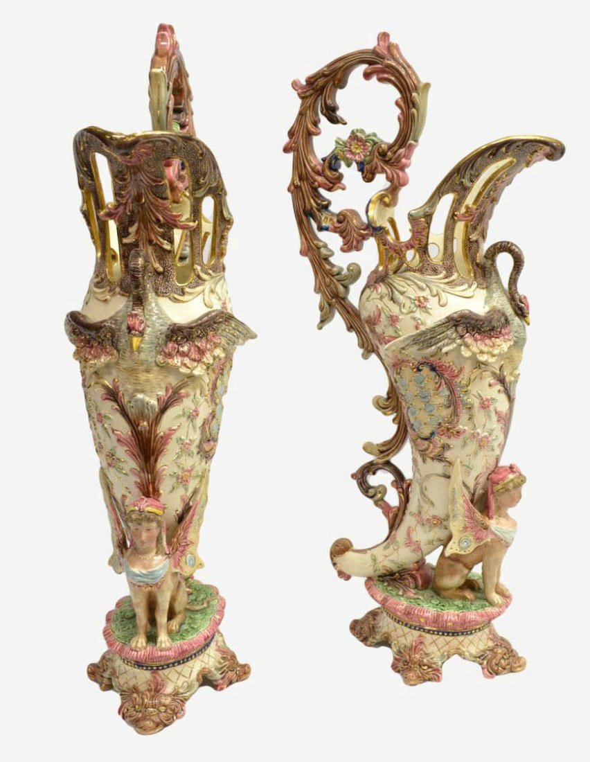 (2) MONUMENTAL EICHWALD FIGURAL MAJOLICA EWERS