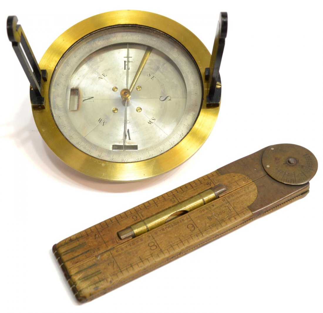 (2) ANTIQUE FRENCH BRASS COMPASS & FOLDING RULER