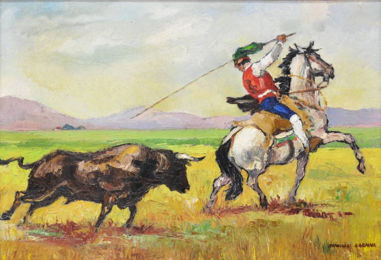 Painting On Boar, A Gaucho And Bull, Signed