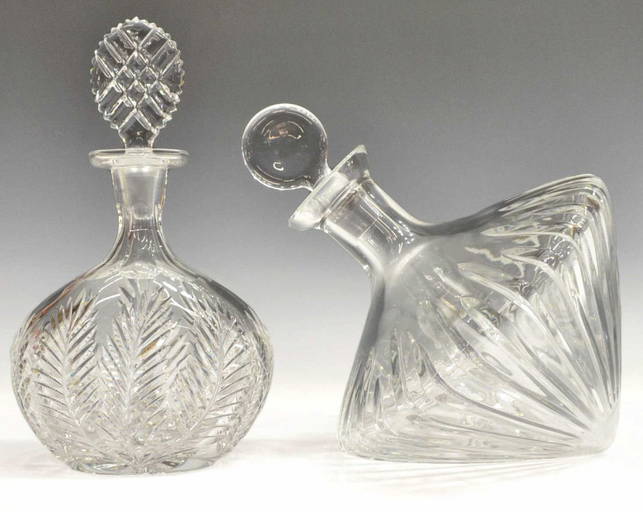 (2) Large Cut Crystal Decanters, Tilted Port