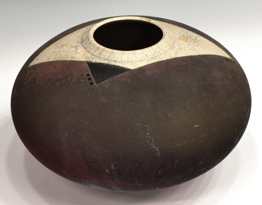 RAKU FIRED ART POTTERY VASE, RUSSELL KAGAN