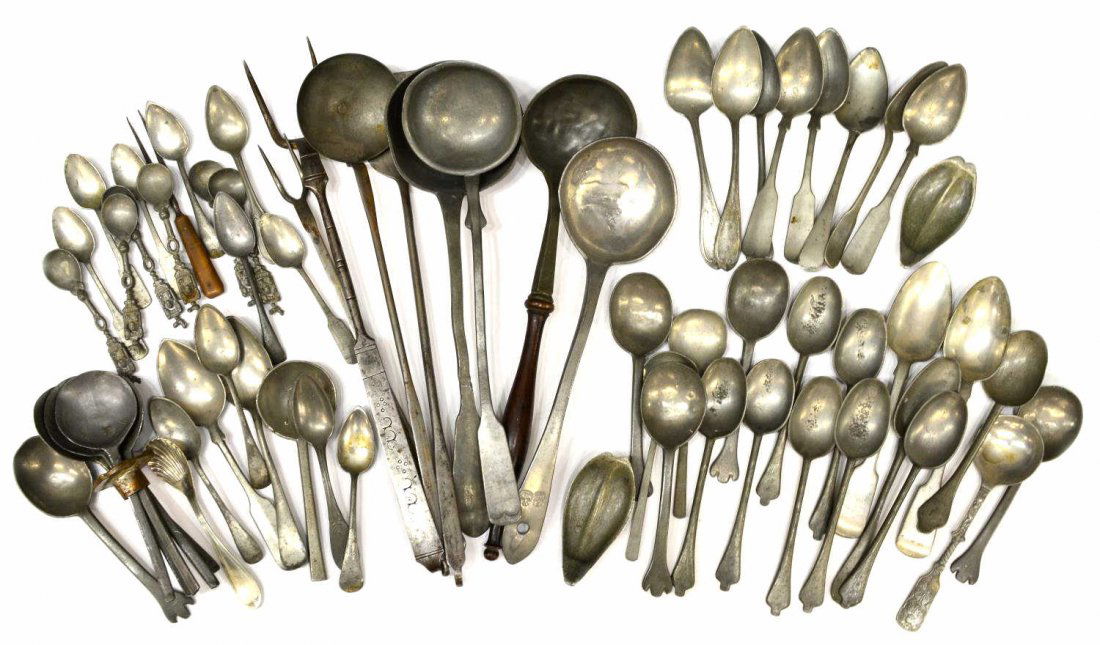 18TH-20TH C LARGE PEWTER LADLES & FLATWARE