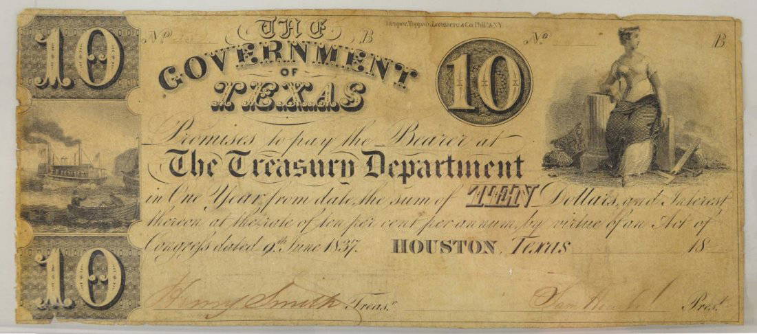Republic Of Texas $10 Sam Houston Note