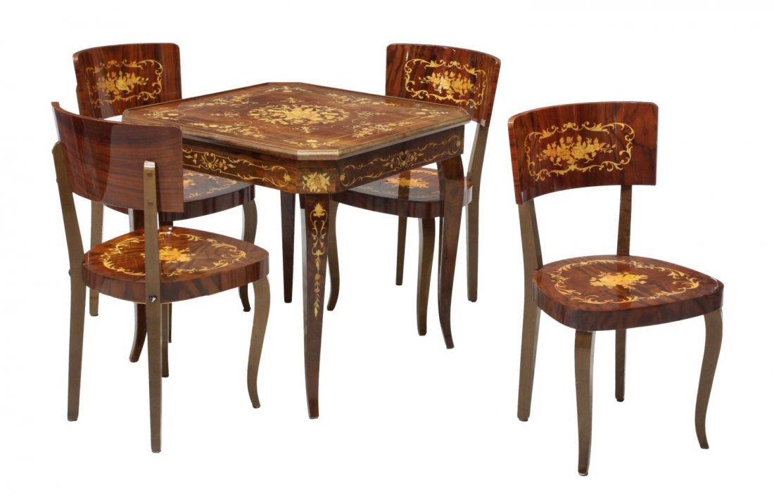 Italian Inlaid Fitted Game Table Set, Four Chairs