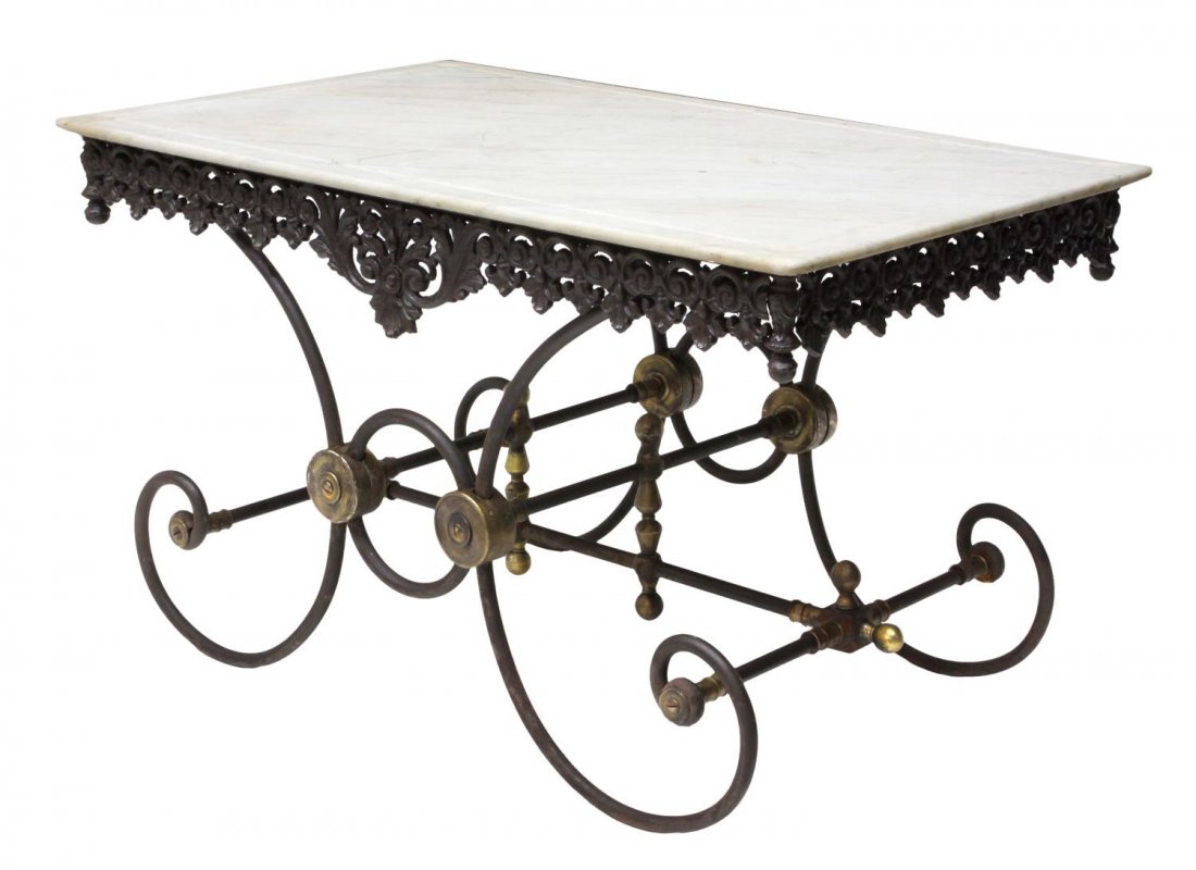 FRENCH MARBLE TOP FANCY IRON BASE PASTRY TABLE