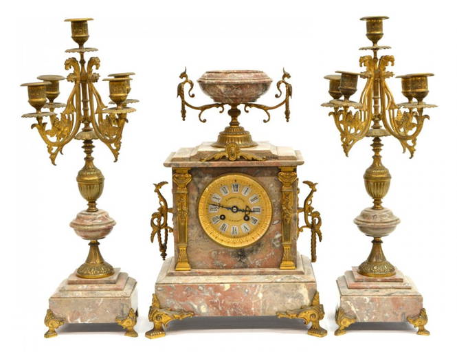 (3) French Marble & Bronze Clock Garniture Set
