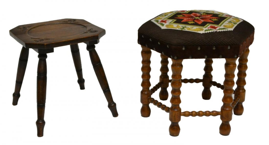 (2) English Oak Spiral Twist & Carved Oak Stools