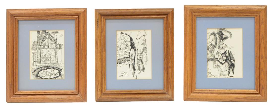 (3) Framed Gordon Laite Ink Drawings, Signed