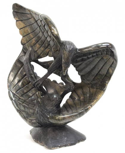 Zimbabwe Stone Sculpture, Two Eagles & Fish