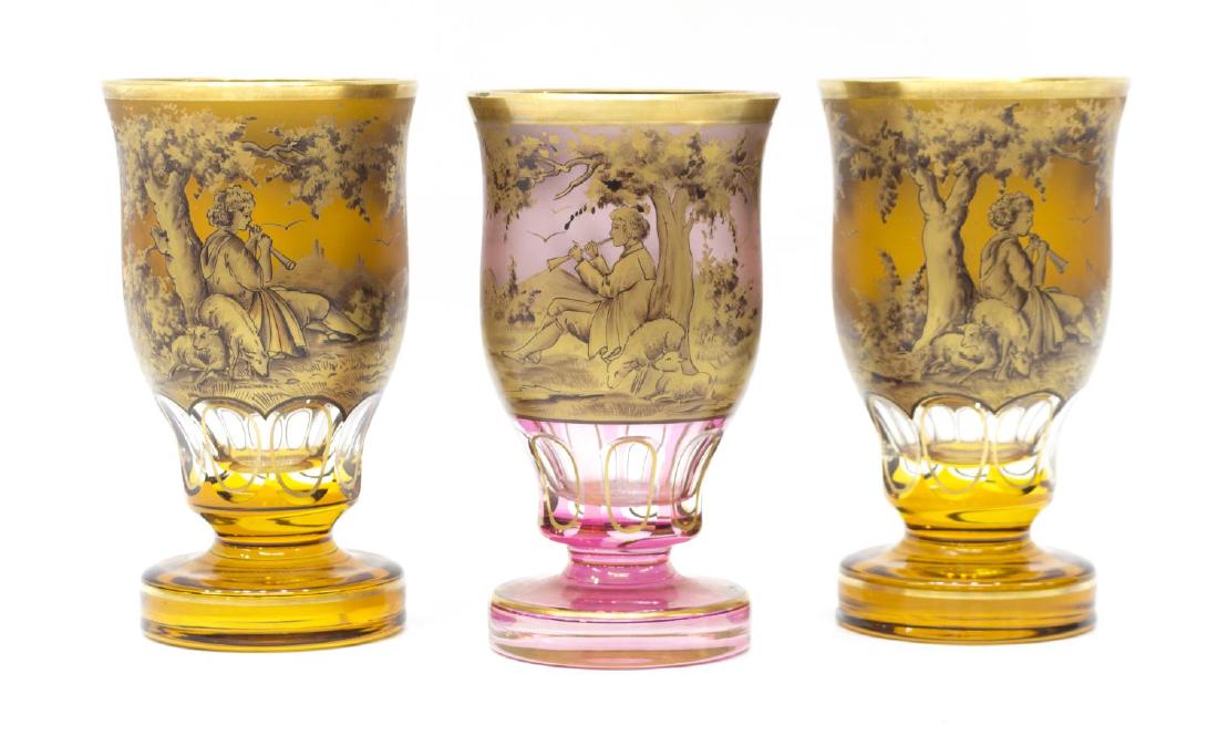 (3) MOSER GLASS GILDED PASTORAL SCENE GOBLETS