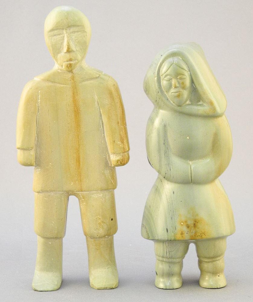 Pair Of Inuit Stone Carvings Of Standing Figures, 7" High.