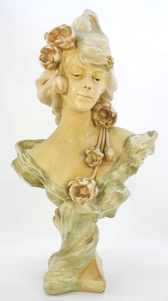 Cast Plaster Bust of an Art Nouveau Maiden, Faint Signature Verso, 26"H ...