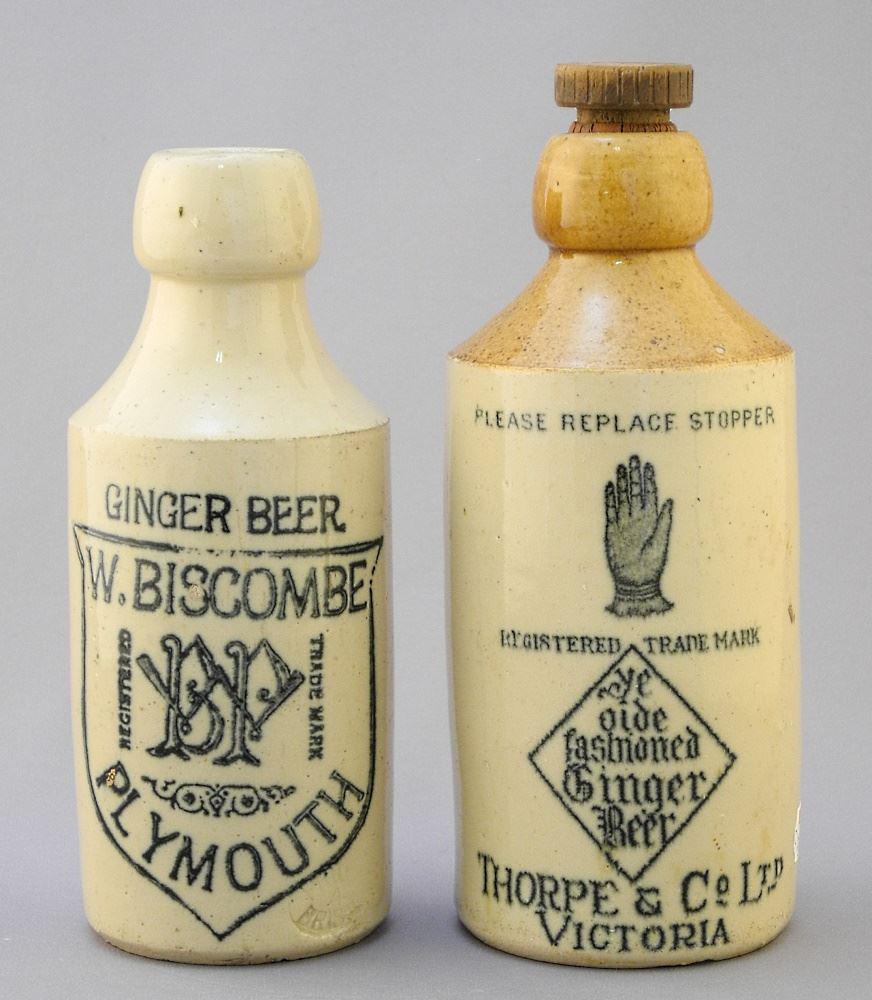 2 Stoneware Ginger Beer Bottles: Thorpe & Co. Victoria/ W. Biscombe ...