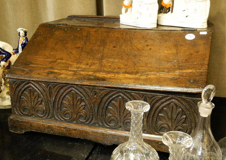 Antique Oak Slope Top Box With Carved Anthemion Frieze, 24 3/8" Wide