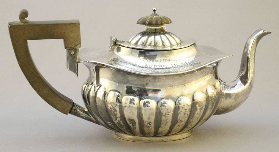 Hallmarked Silver Teapot with Inscription, 9 1/2" Wide, 304 Grams ...