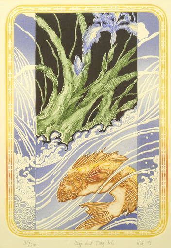 Coloured Etching Signed (jack) Wise, "carp And Flag Iris" #169/200