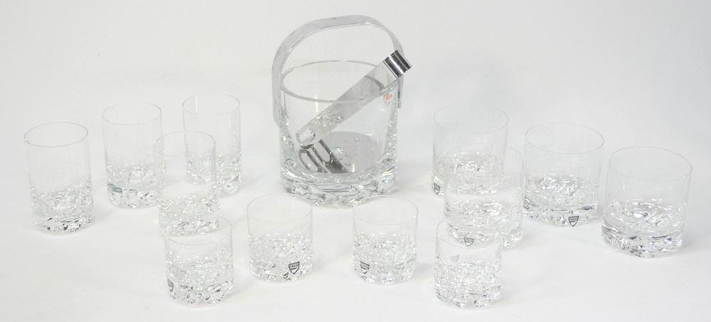 Orrefors Crystal Bar Ware Set; 12 Cups, Ice Bucket With Liner & Tongs.