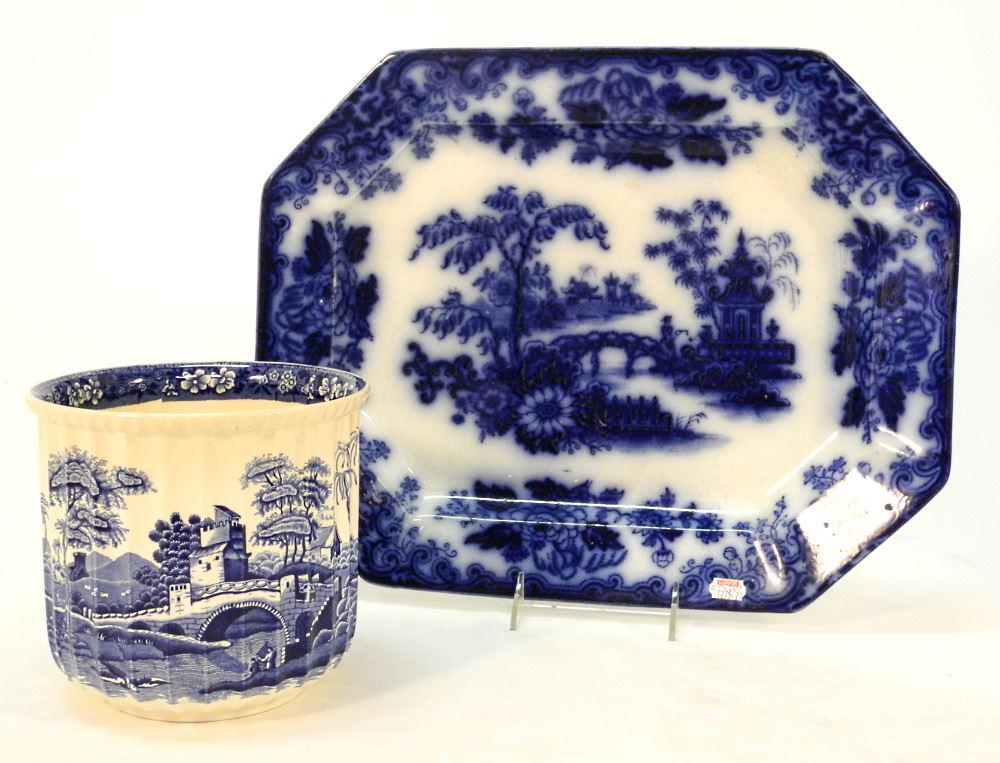 2 Pcs. Of Blue & White Pottery: Spode Jardiniere & A Flow Blue Platter.