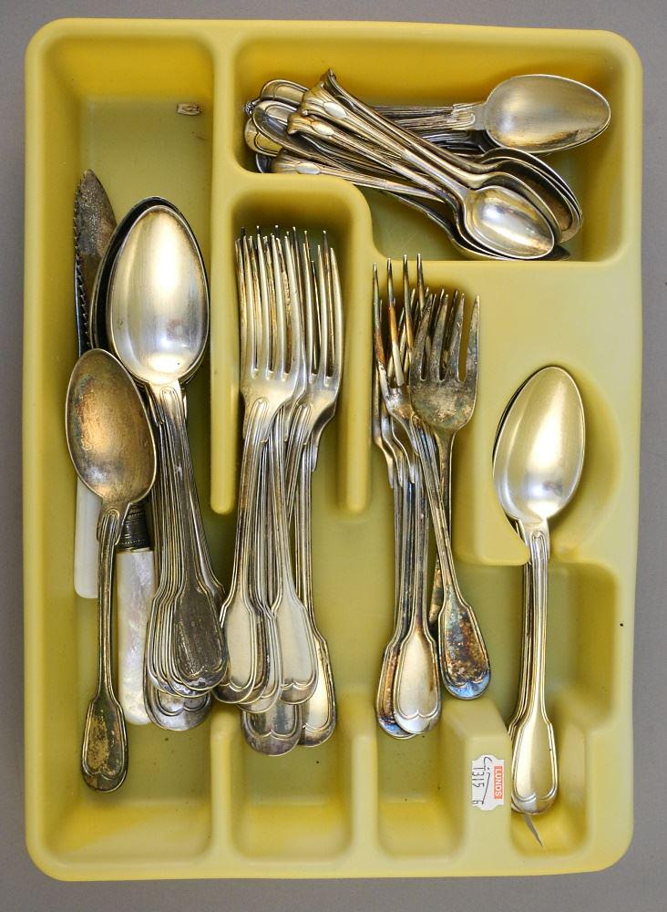 Tray Of Christofle Silver Plated Flatware, Monogrammed.