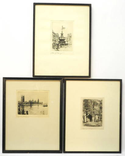 3 Etchings Signed Edward Cherry, 5 7/8" X 4 1/8", "london Scenes".