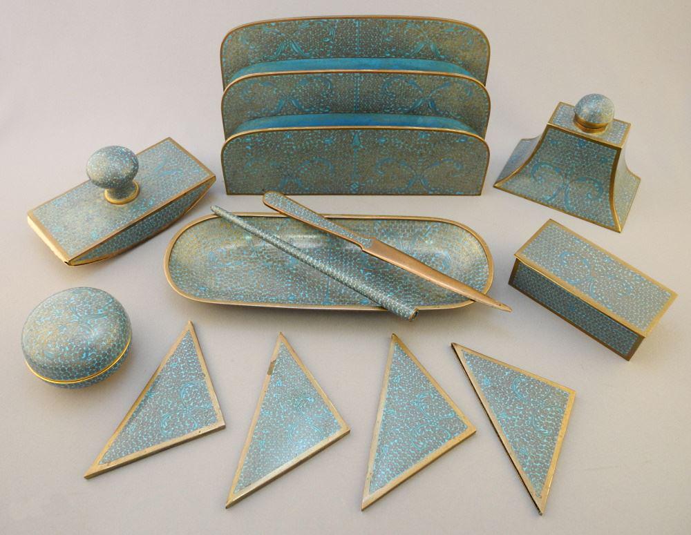 9 Pc. Chinese Blue Ground Cloisonne Desk Set, Letter Rack 8 1/16" Wide ...