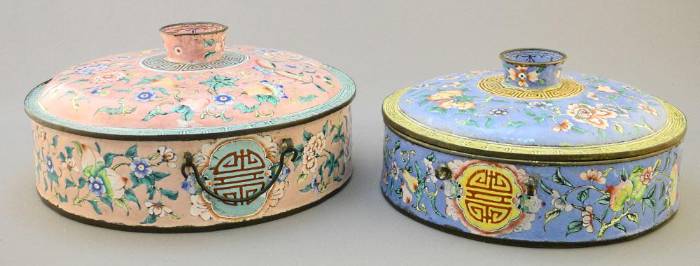 2 Chinese Canton Enamel Round Covered Boxes, 6 3/4" & 7 1/2"d., Dents ...