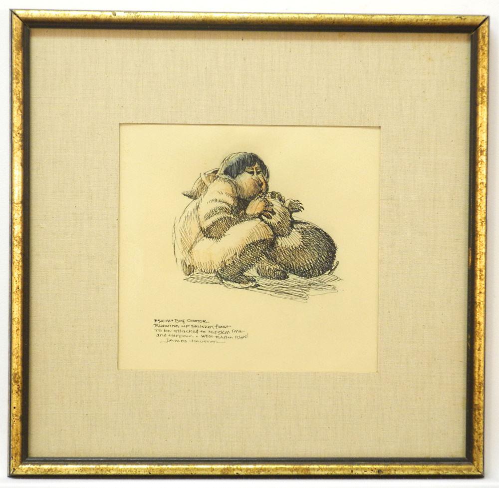 Ink & Colour Drawing Signed James Houston, 8 3/8" X 9", "eskimo Boy ...