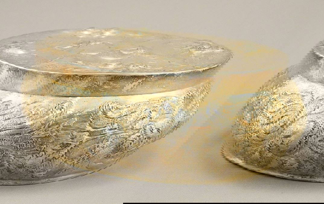 Embossed Silver Coloured Metal Box With Spurious Hallmarks, 6 3/8" Diam ...