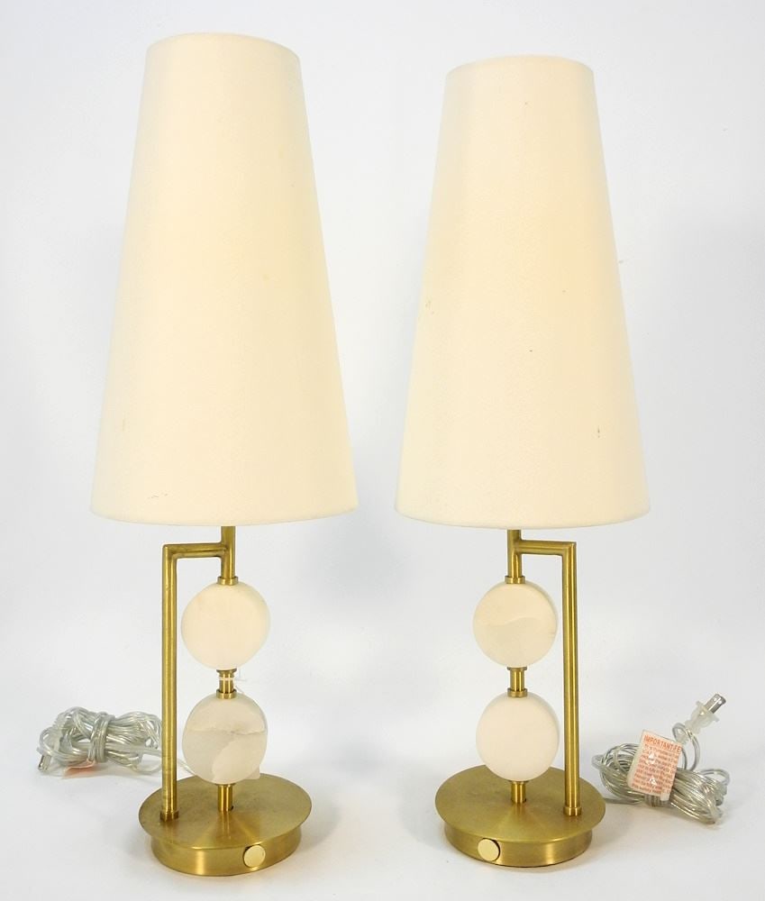 Pair Of Contemporary Brass & Marble "double Disc" Table Lamps, 26 5/8"h ...