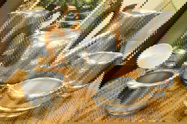 Picquot Ware Set C.1950's Mid Century Sycamore Wood Handles.