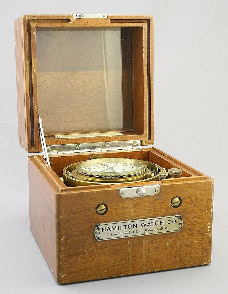 Hamilton Mounted Chronometer Watch (model 22) In Gimballed Case, 6" X 6" X 6". Auction