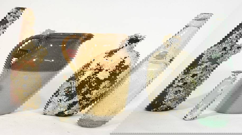 3 Barnacle Encrusted Bottles With Stoneware Jug & Glass Cod Bottle.