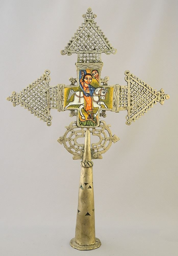 Ethipoian Coptic Processional Cross (16 3/4"h) With Hand Painted Icon ...