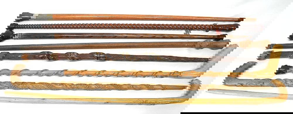 Eight Various Canes/walking Sticks: Carved / Mexican / Barley Twist ...