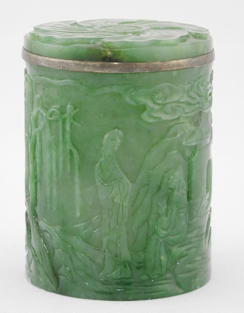 Chinese Carved Green Jade Box with lid and silver rim,