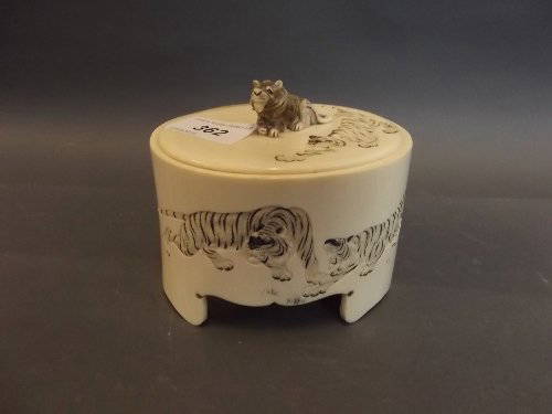 A C19th Japanese Carved Ivory Oval Box Decorated With