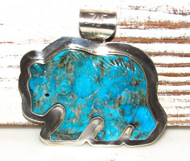 Navajo Carved Turquoise Bear Pendant Sterling Silver Native American ...
