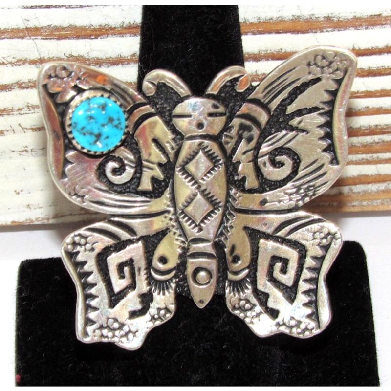 Navajo Butterfly Adjustable Ring Richard Singer Sterling Silver Turquoise