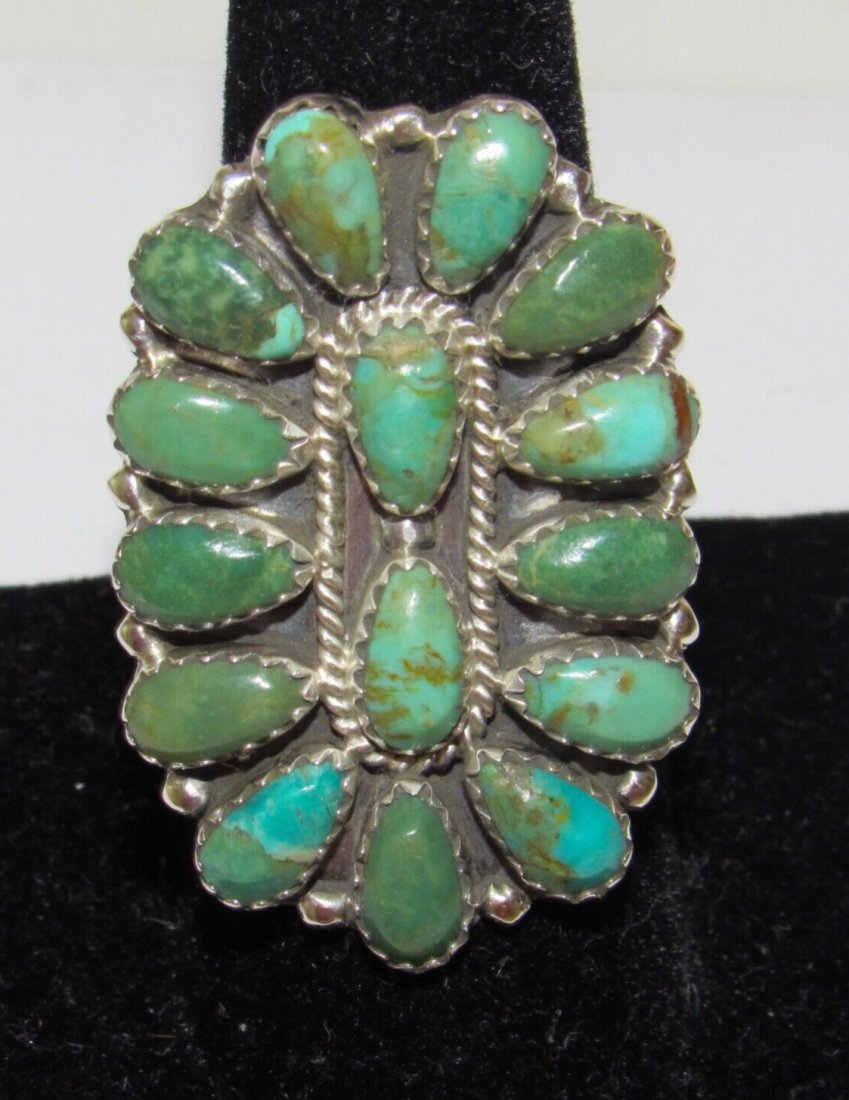 Navajo Green Turquoise Cluster Ring Sz 8 Sterling Silver Native Signed