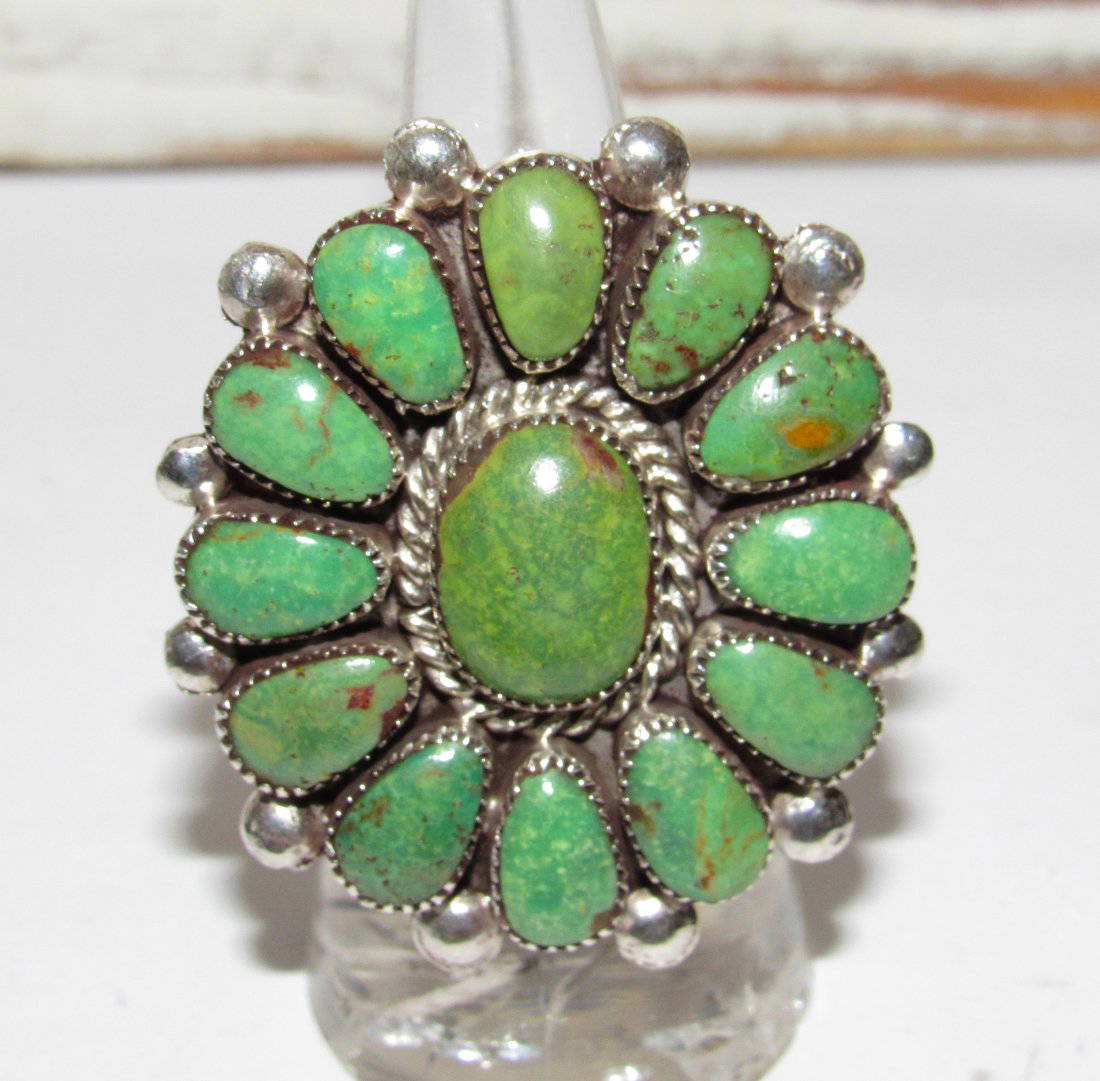 Zuni Emerald Valley Turquoise Statement Cluster Ring Sz 8 Sterling L. Waatsa Auction
