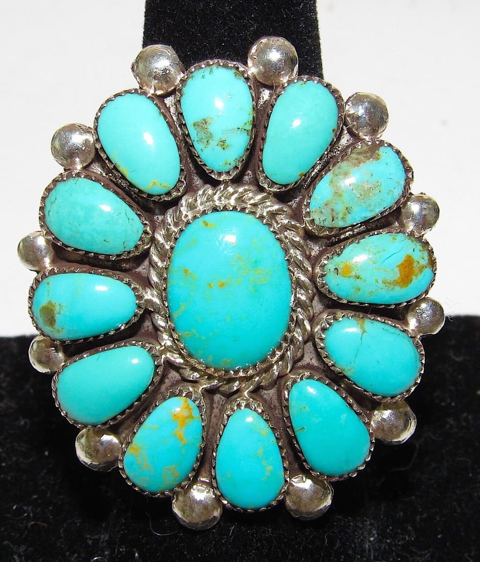 Zuni Royston Turquoise Statement Cluster Ring Sz 9 Sterling L. Waatsa Auction